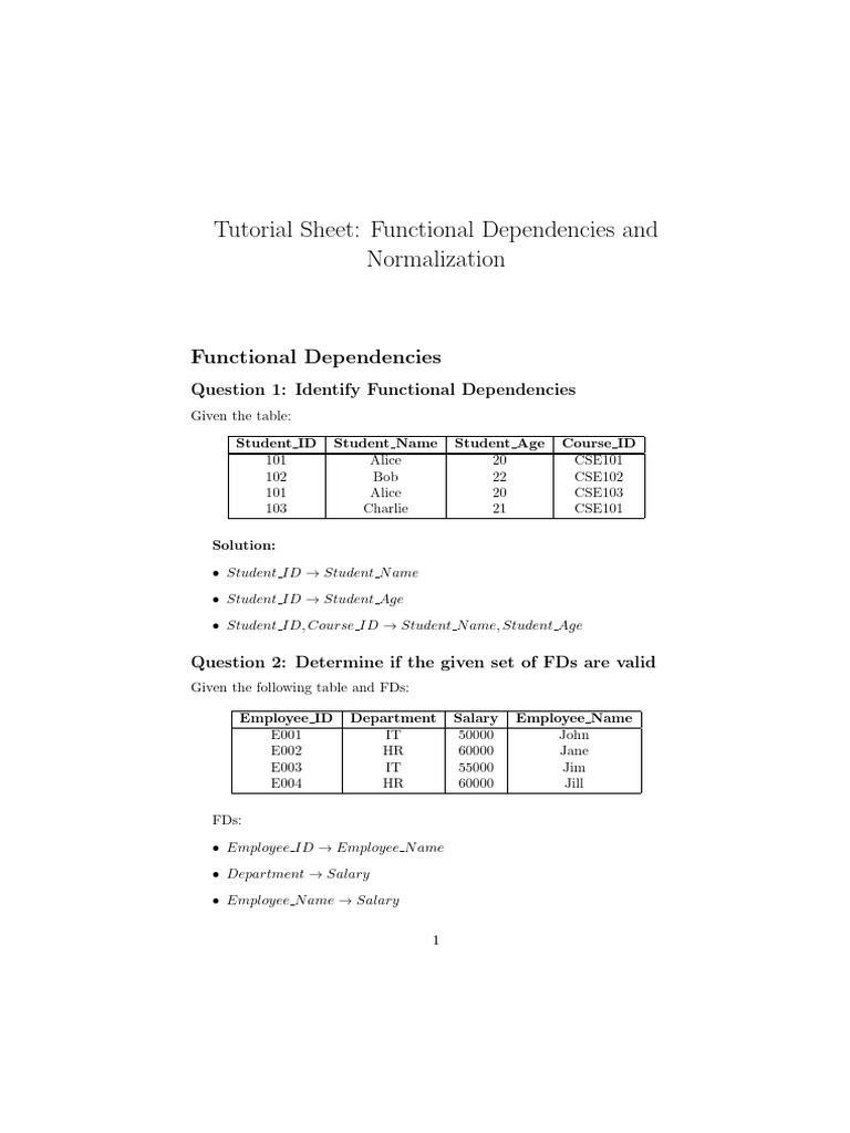 Tutorial_Sheet__Functional_Dependencies_and_Normalization | PDF | Software Engineering ...