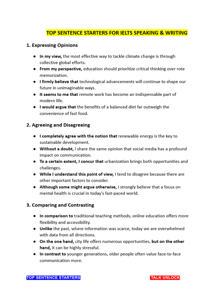 TOP SENTENCE STARTERS FOR IELTS SPEAKING & WRITING (1) | PDF ...