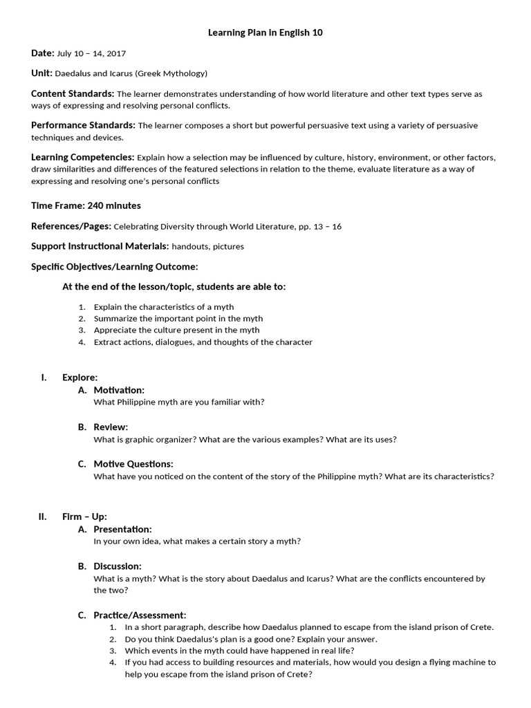 Daedalus and Icarus Lesson Plan | PDF | Liberal Arts Education ...