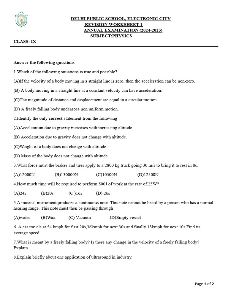 Delhi Public School, Electronic City Revision Worksheet-1 ANNUAL EXAMINATION (2024-2025) Subject ...