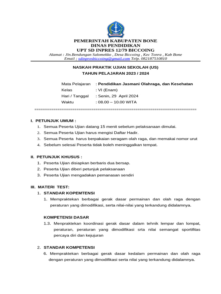 Naskah Ujian Praktek Pjok Kls Vi.2024 | PDF