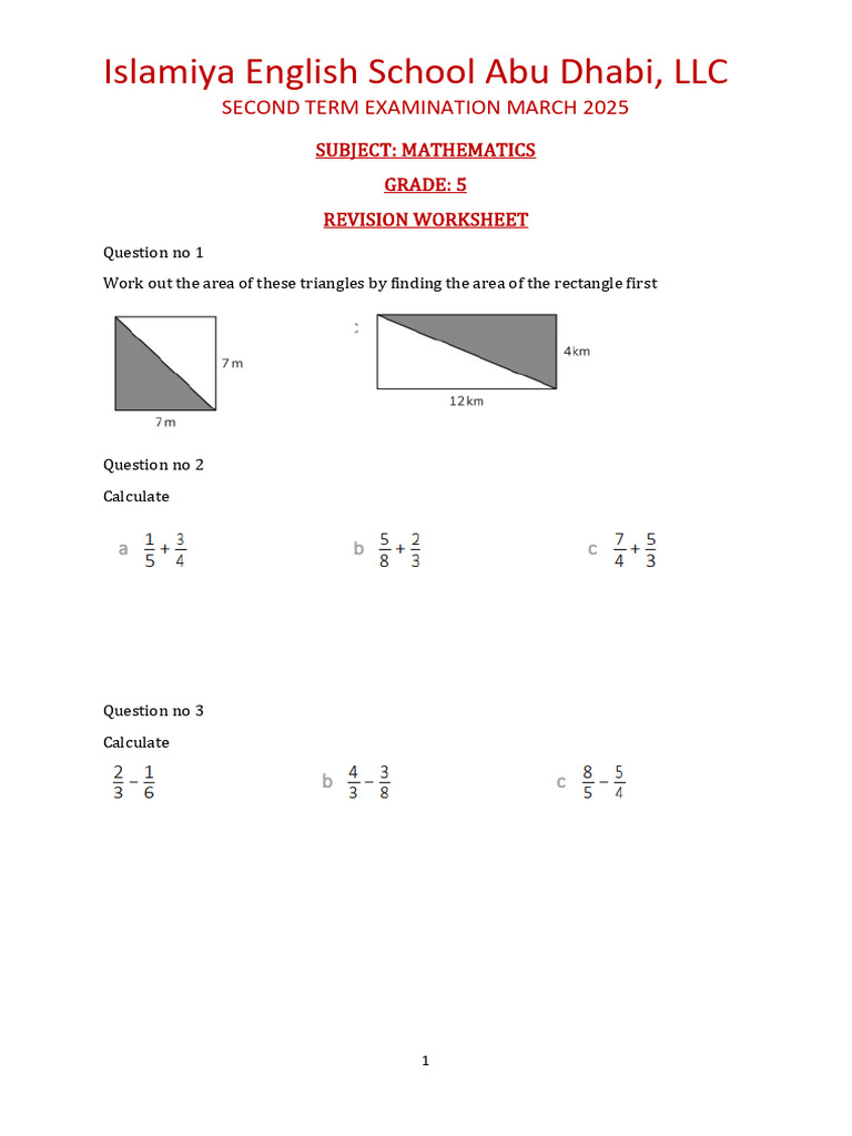 Revision Worksheet for Grade 5 (2) (1) | PDF | Litre | Metrology