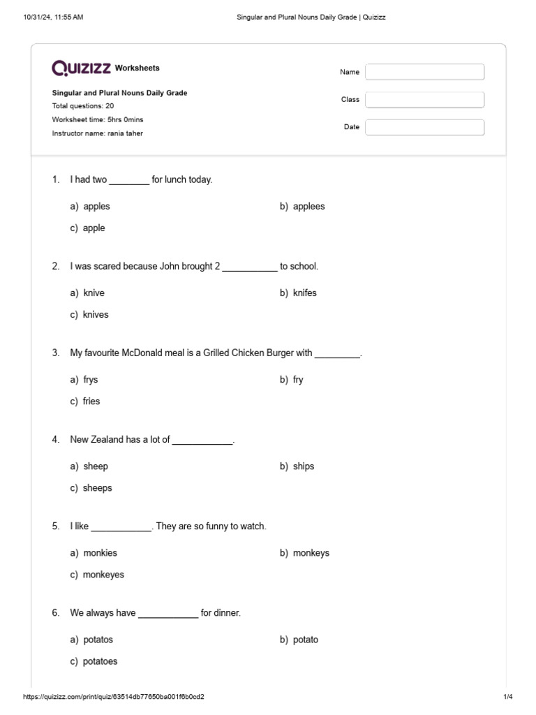Singular and Plural Nouns Daily Grade - Quizizz | PDF | Cuisine | Foods