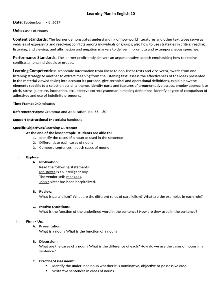 Cases of Nouns Lesson Plan | PDF | English Language | Linguistics