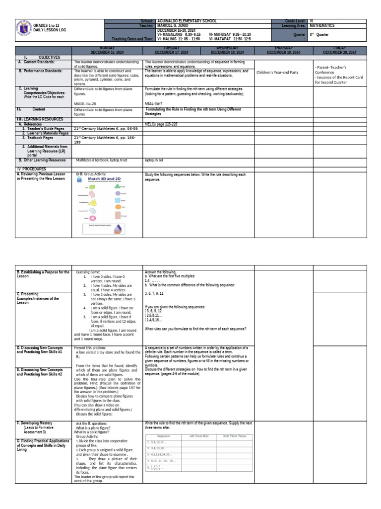 DLL - MATHEMATICS 6 - Q3 - Dec16-20 | PDF | Learning | Teachers