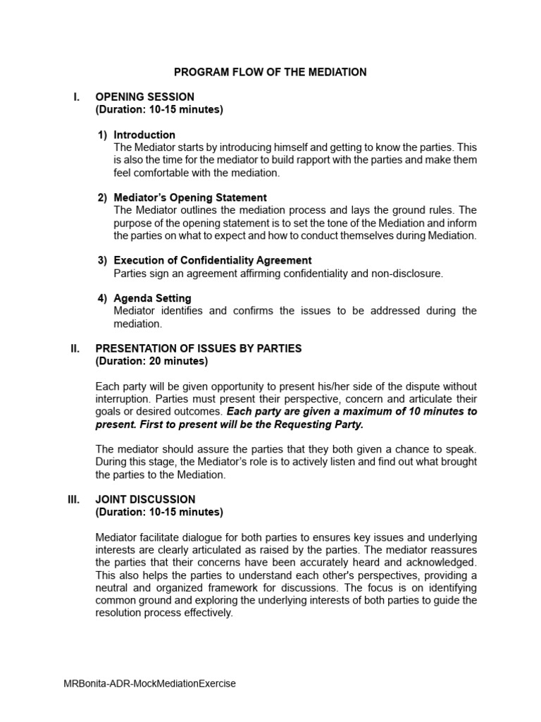 PROGRAM FLOW OF THE MEDIATION (Mock Mediation Exercise) | PDF | Mediation