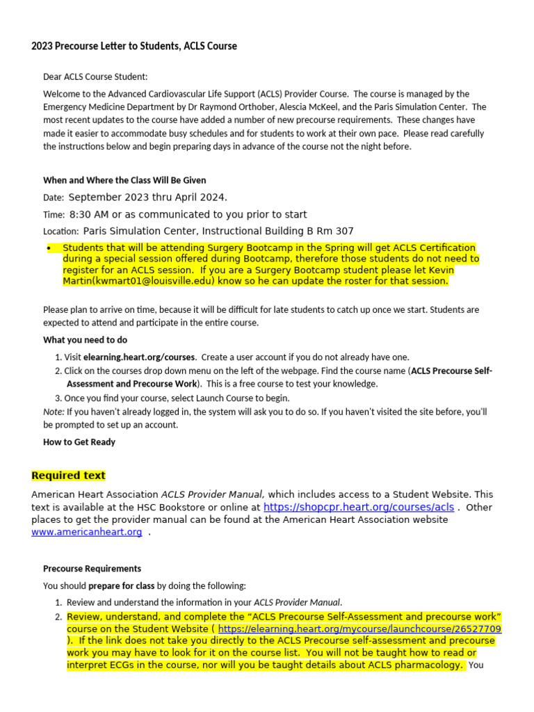2023-24 ACLS Precourse letter | PDF | Health Care