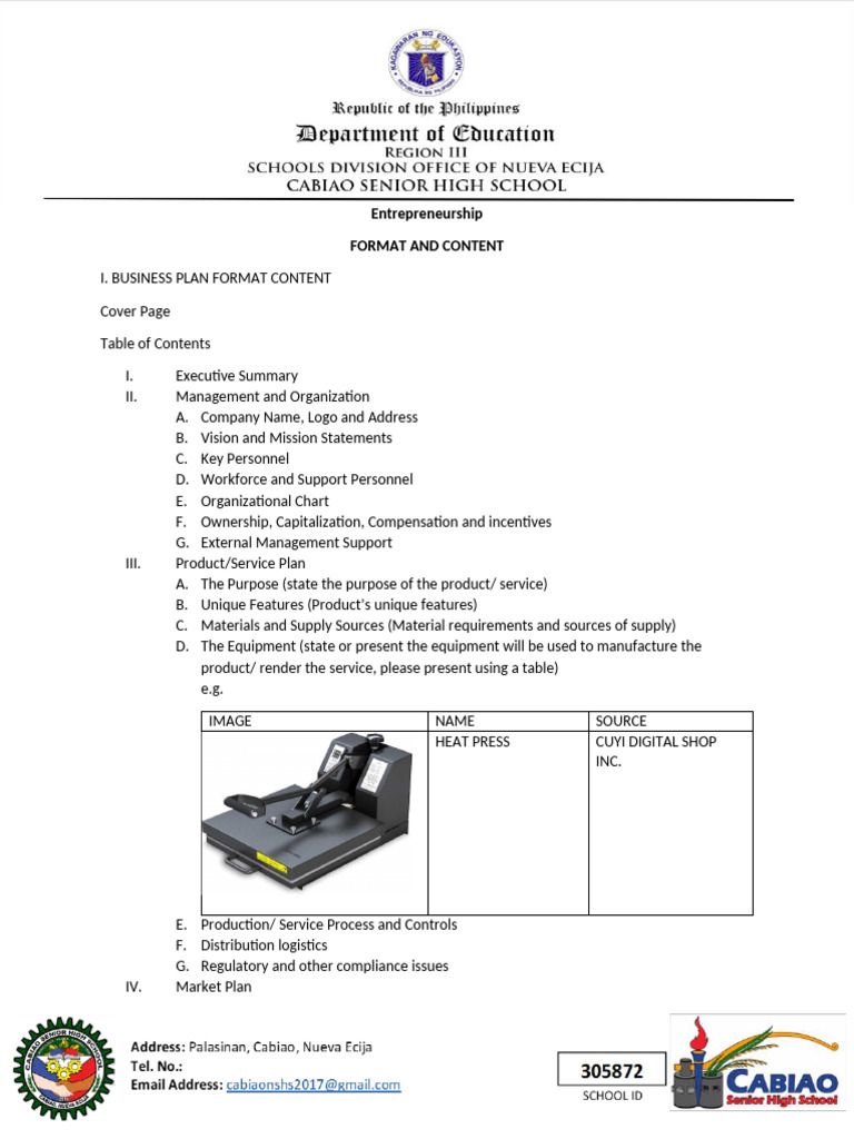Entrepreneurship Format of Business Plan | PDF