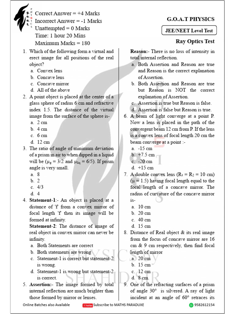 Ray Optics NEET Practice Questions | PDF | Refraction | Mirror