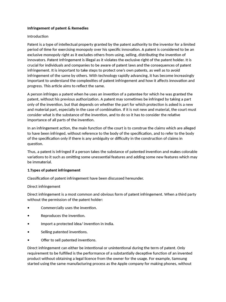 Patent Infringement and Remedies in India | PDF | Patent | Patent ...