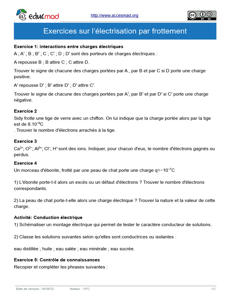 Exercices sur l'électrisation par frottement | PDF | Électron | Charge ...
