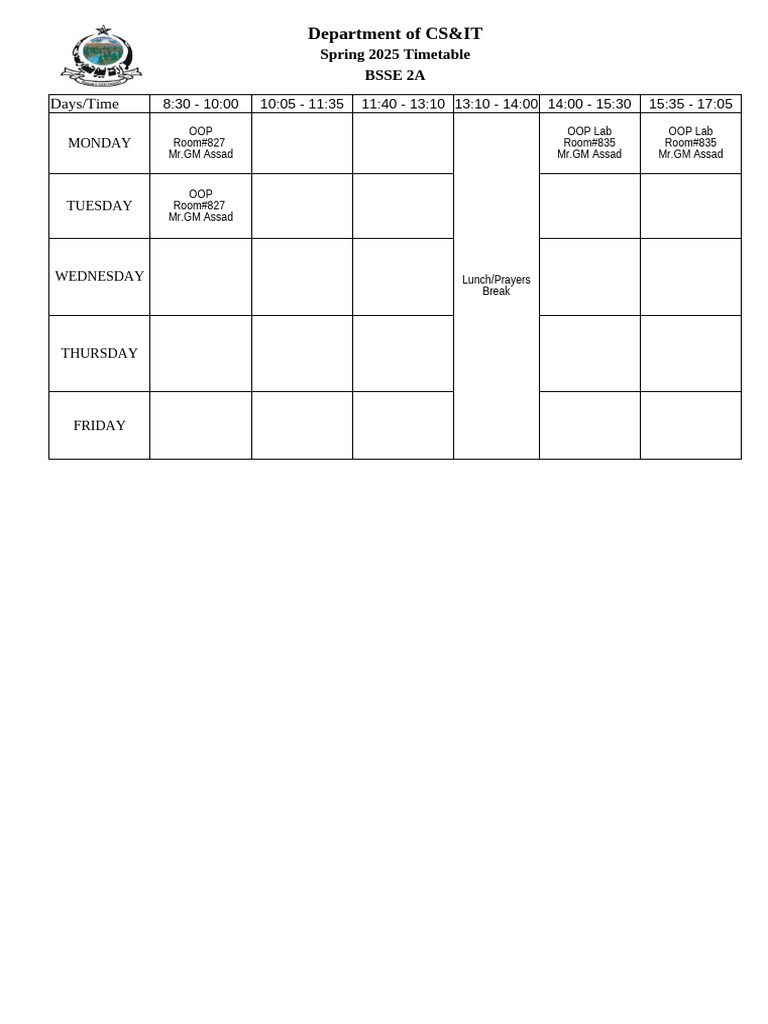 BSSE Timetable Spring 2025 | PDF