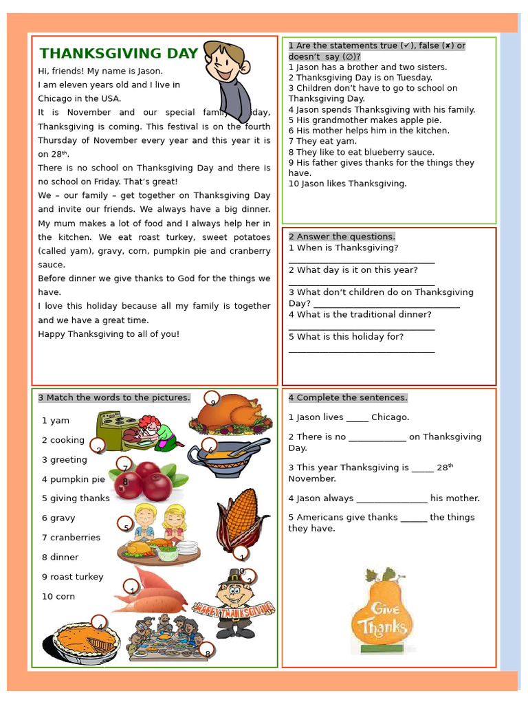 Thanksgiving Day Reading Comprehension Exercises Tests - 62423 | PDF ...