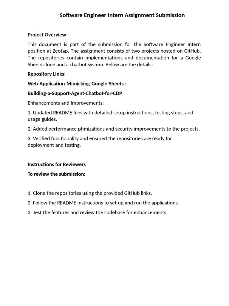 Software Engineer Intern Assignment Submission: Project Overview | PDF