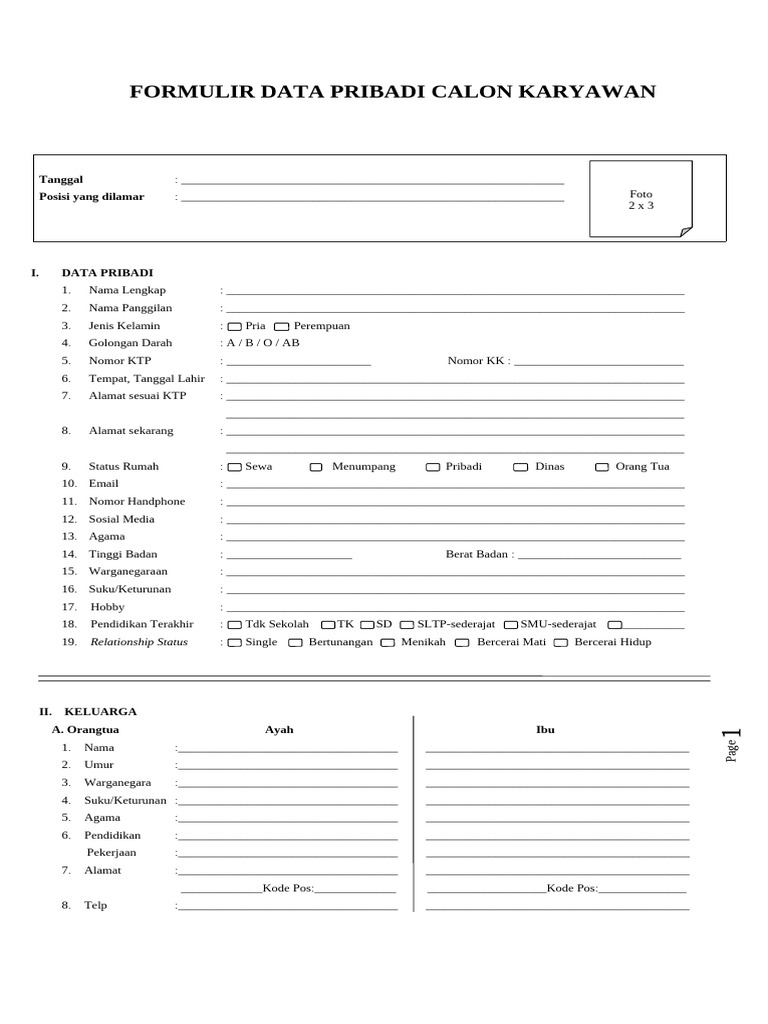 Formulir Data Pribadi Calon Karyawan | PDF