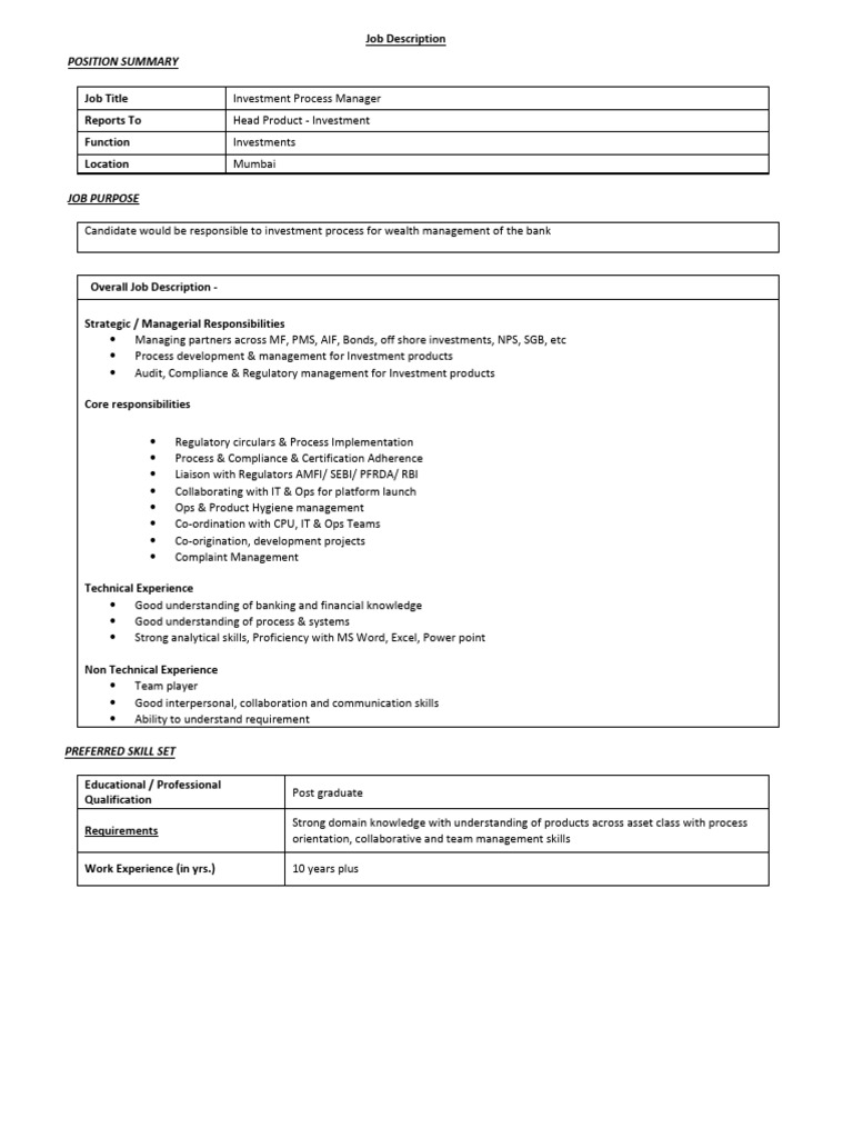 JD Process Manager - Investments | PDF