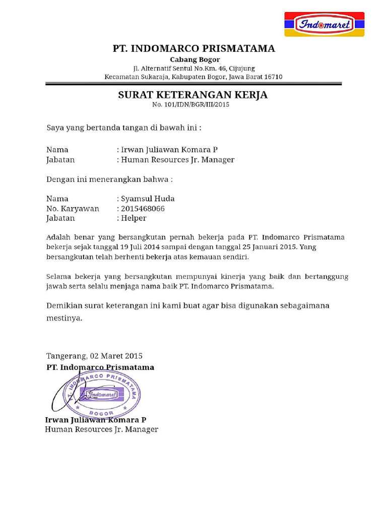 Paklaring Indomart Syamsul Huda | PDF