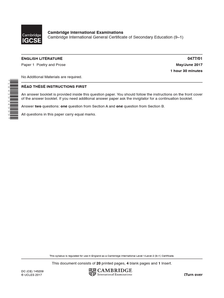 Cambridge IGCSE English Literature Exam Paper | PDF