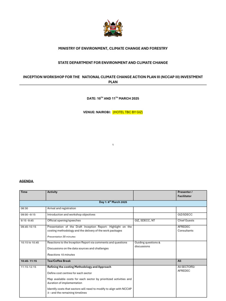 Agenda - NCCCAP 3- Investment Plan- Inception Workshop- 10th &11th ...
