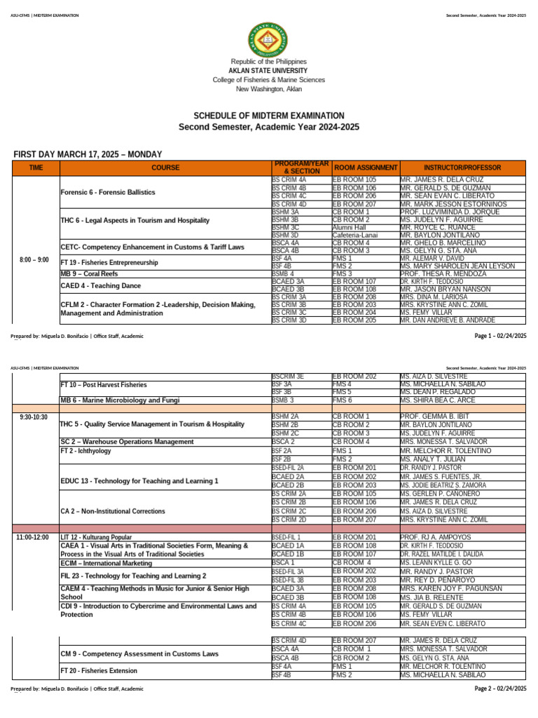 Midterm Exam Schedule AY 2024-25 | PDF