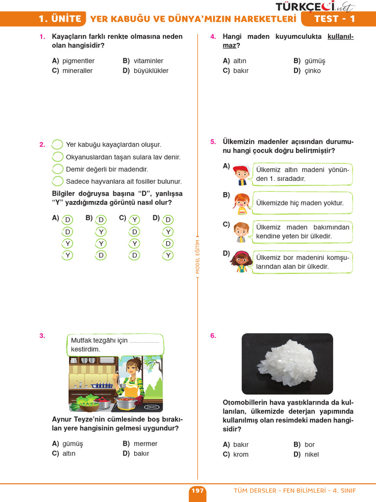 Üni̇te - Yer Kabuğu Ve Dünya'mizin Hareketleri̇ (Test-1) | PDF