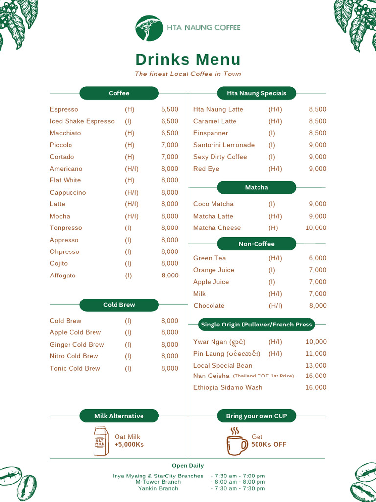 Hta Naung Menu - Drinks 1 | PDF | Drink | Coffee