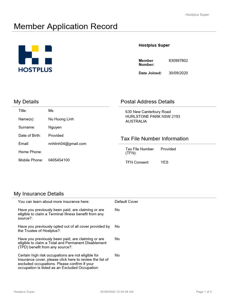 Hostplus Super Member Application Details | PDF