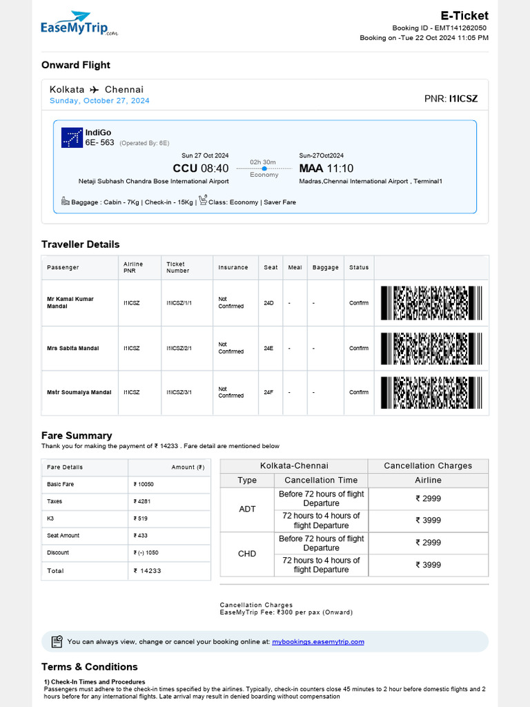 EaseMyTrip Flight E-Ticket For Flights | PDF | Travel Visa | Airlines