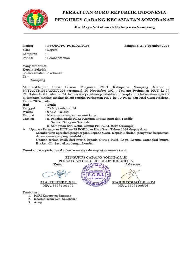 Surat Edaran HUT PGRI 79 | PDF