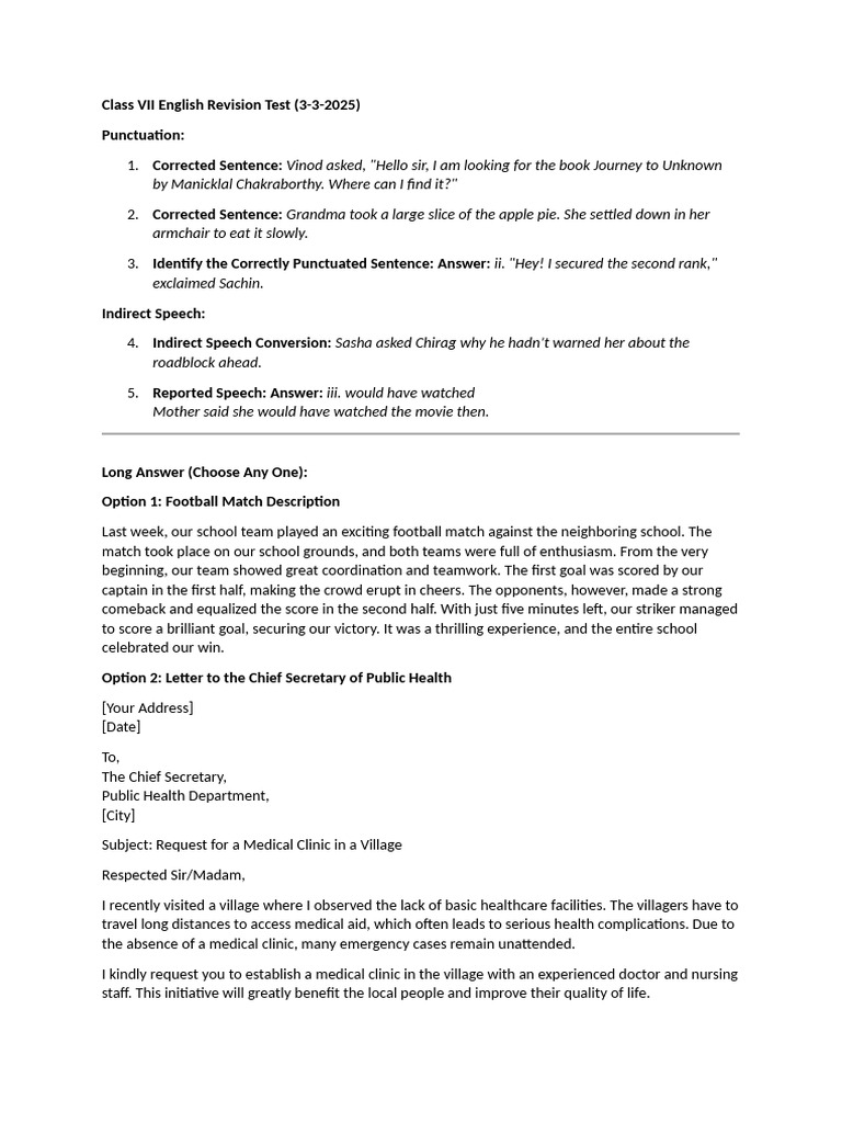 Class 7 English Lesson 4 Revision Test | PDF