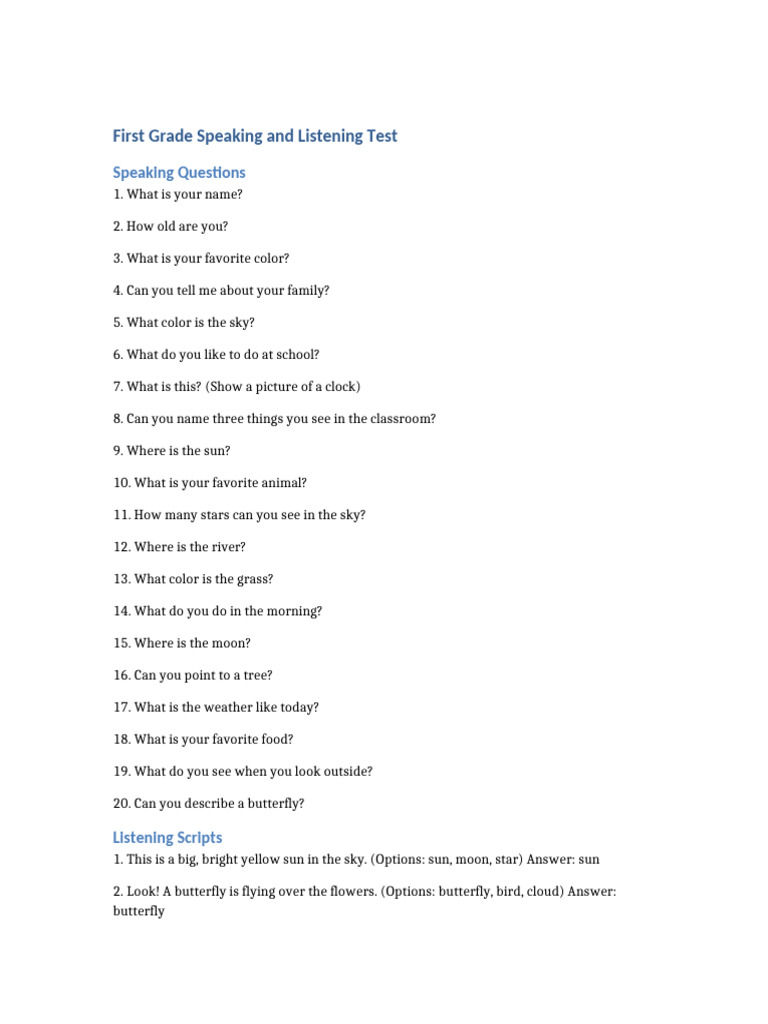 First Grade Speaking and Listening Test | PDF