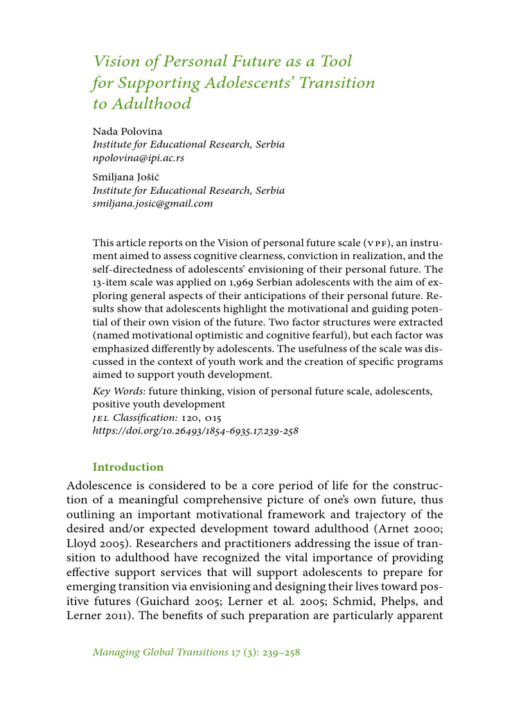 Vision of Personal Future As A Tool For | PDF | Adolescence | Emotional ...