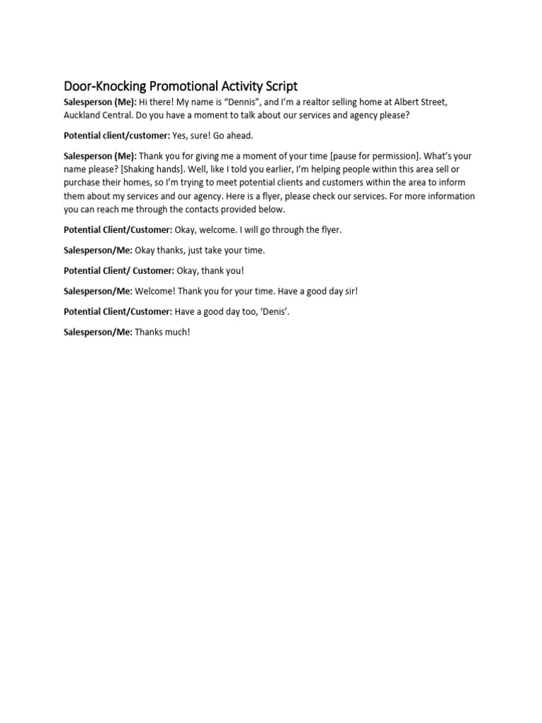 Door-Knocking Promotional Activity (Edited) | PDF