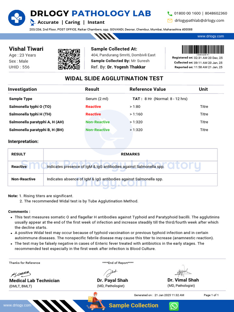 Widal-Test-Report - Vishal Tiwari - Drlogy-Lab | PDF | Salmonella ...