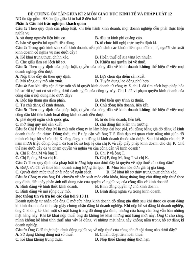 ĐỀ CƯƠNG ÔN TẬP GIỮA KÌ 2 MÔN GDKT&PL12-Bản HS | PDF