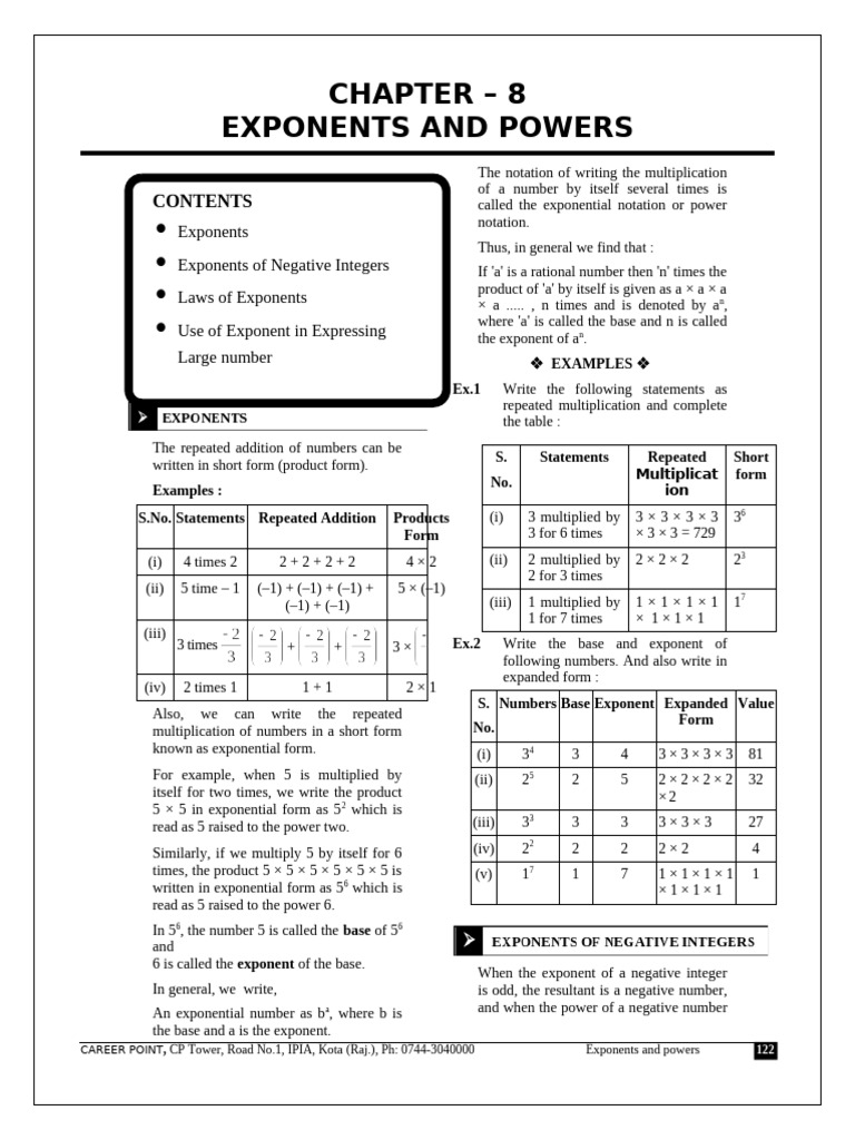 08-Exponents and Powers | PDF | Exponentiation | Multiplication