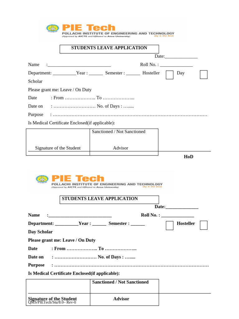 Pollachi Institute Leave Form Leave - On Duty | PDF