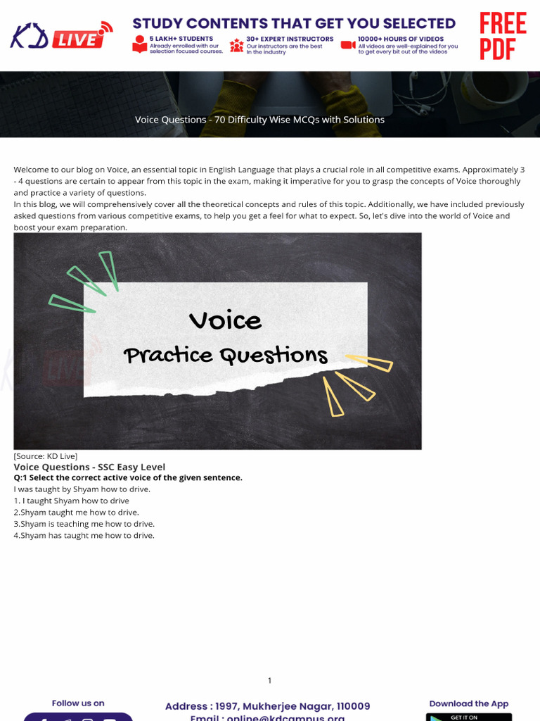 English Language Voice Questions 70 Difficulty Wise Mcqs With Solutions ...