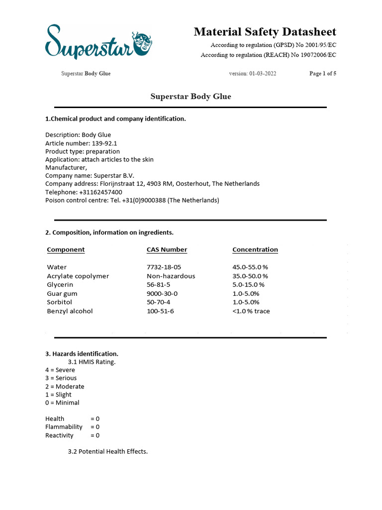 MSDS Superstar Body Glue V220301 | PDF | Materials