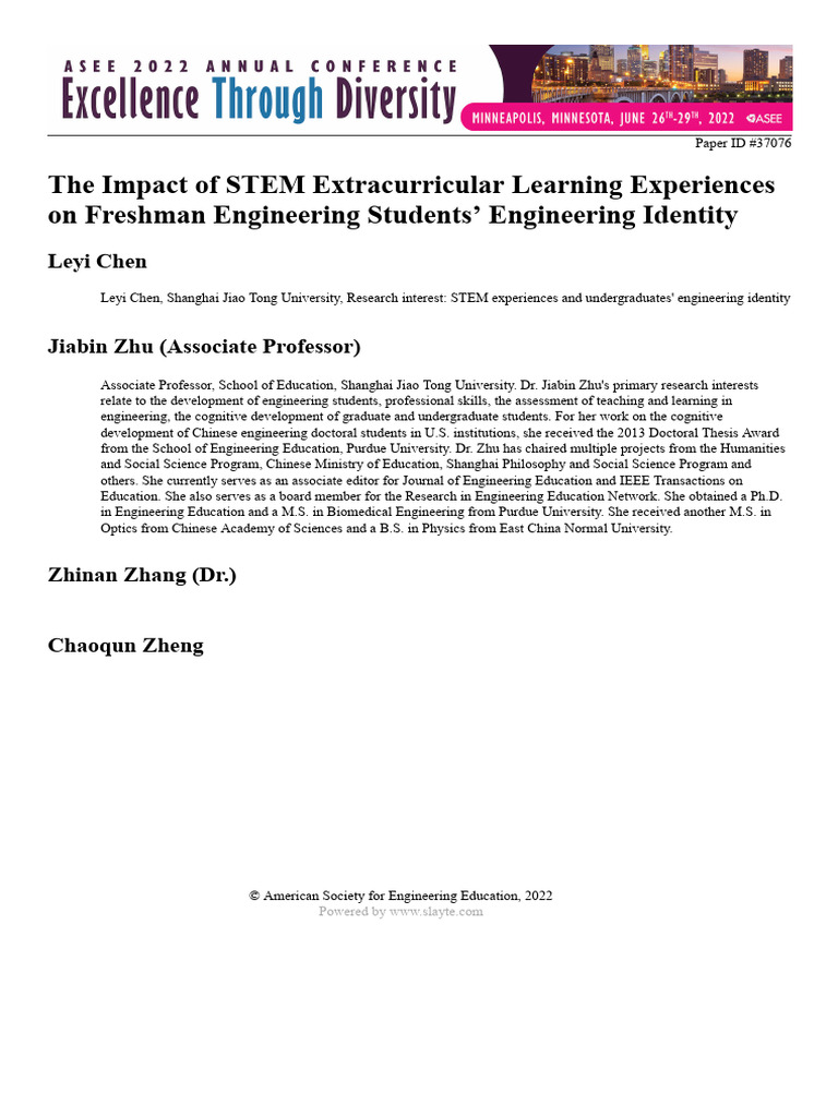 The Impact of Stem Extracurricular Learning Experiences on Freshman ...