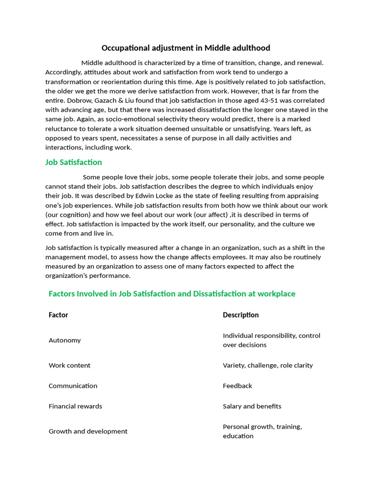 Occupational Adjustment in Middle Adulthood | PDF | Job Satisfaction | Social Psychology