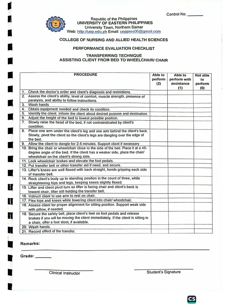 ASSISTING-CLIENT-FROM-BED-TO-WHEELCHAIR-PROCEDURES-AND-CHECKLIST | PDF