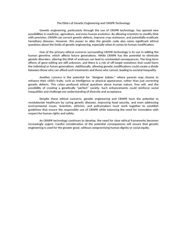 The Ethics of Genetic Engineering and CRISPR Techn | PDF