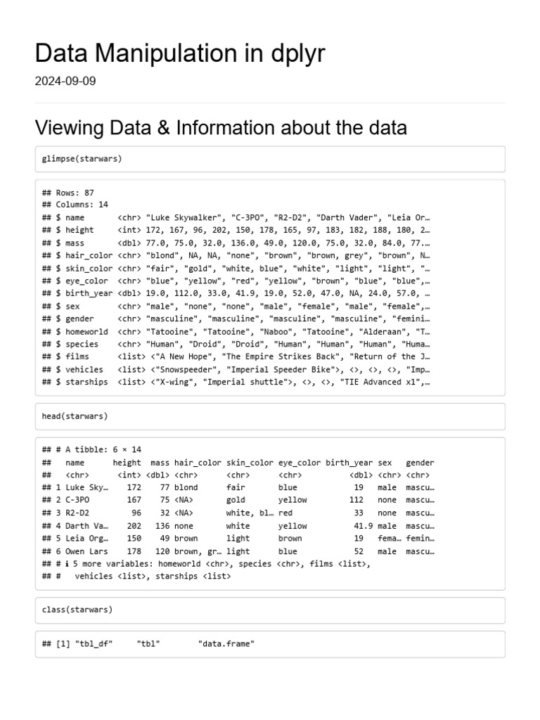 Data Manipulation in Dplyr | PDF | Star Wars | Star Wars Characters