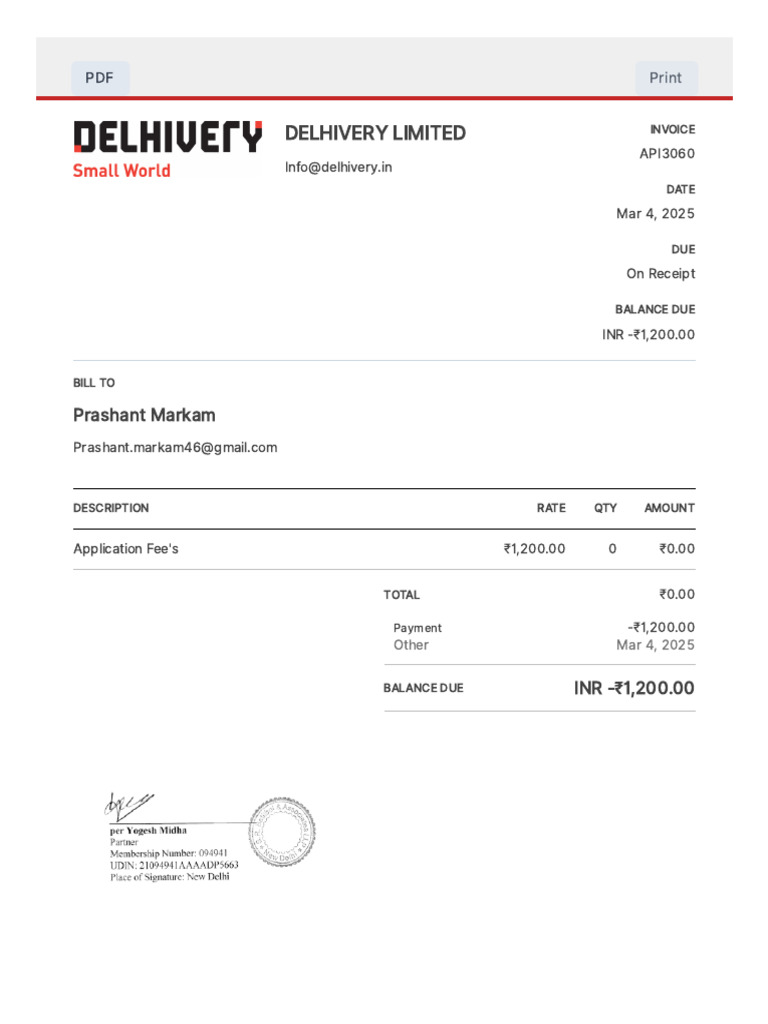 DELHIVERY LIMITED - Invoice API3060 | PDF