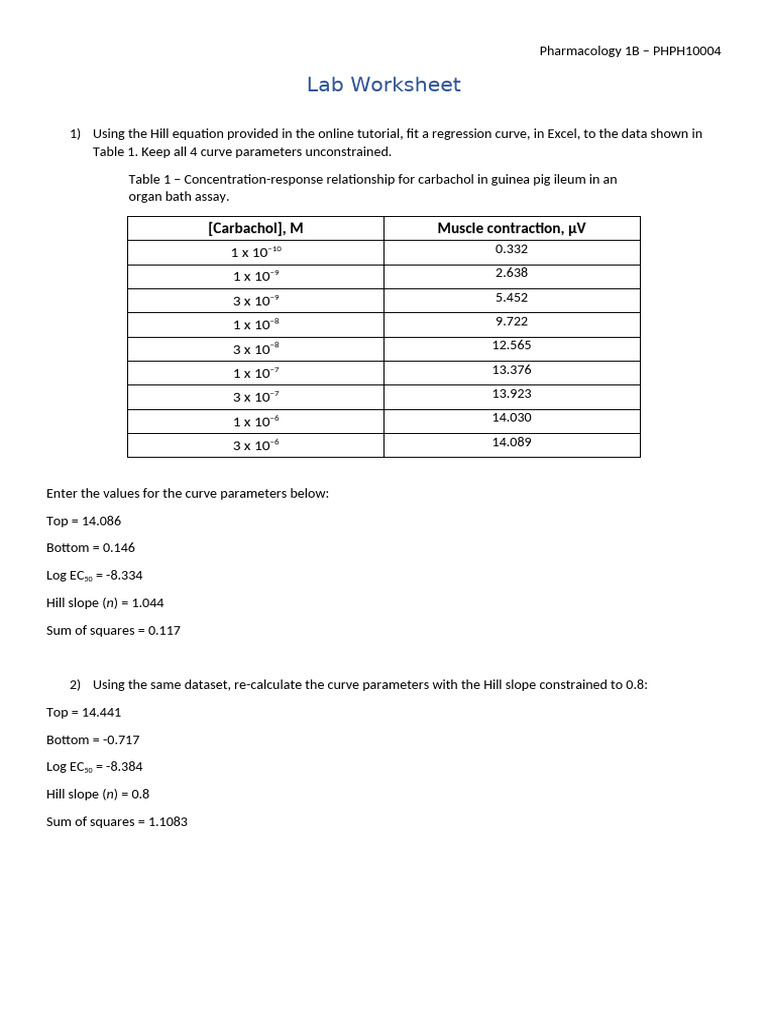 Lab Worksheet - CONCENTRATION-RESPONSE CURVE FITTING IN EXCEL | PDF