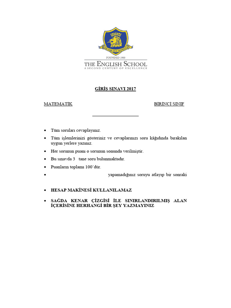 March 2017 Turkish Maths Entrance Exam | PDF