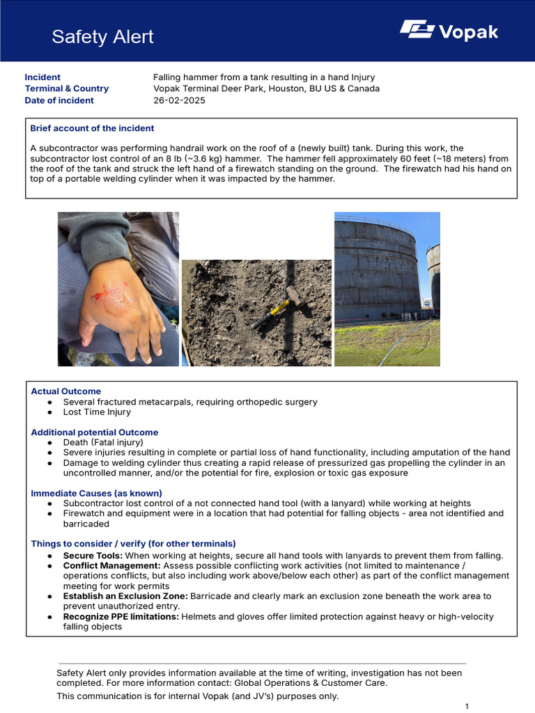 20250226 -Safety Alert - Deer Park - Falling hammer from tank resulting ...