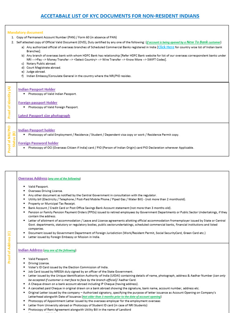 KYC Documents for NRIs Returning to India | PDF | Economy Of India ...