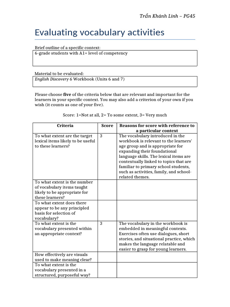 Evaluating vocabulary activities worksheet for assignment | PDF ...